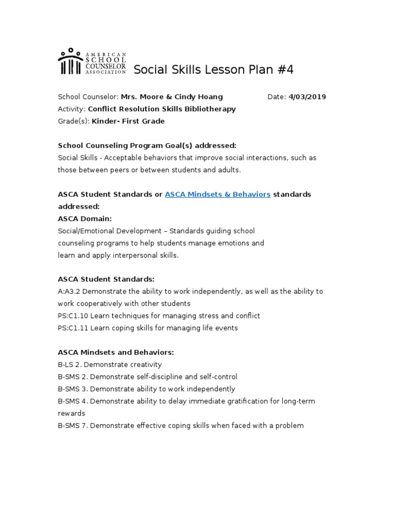 Social Skills Lesson Plan #4: School Counseling Program Goal(s ...