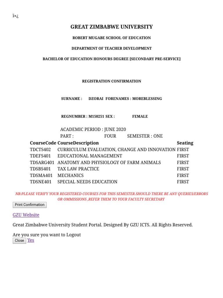 GZU Bachelor of Education Registration Confirmation | PDF