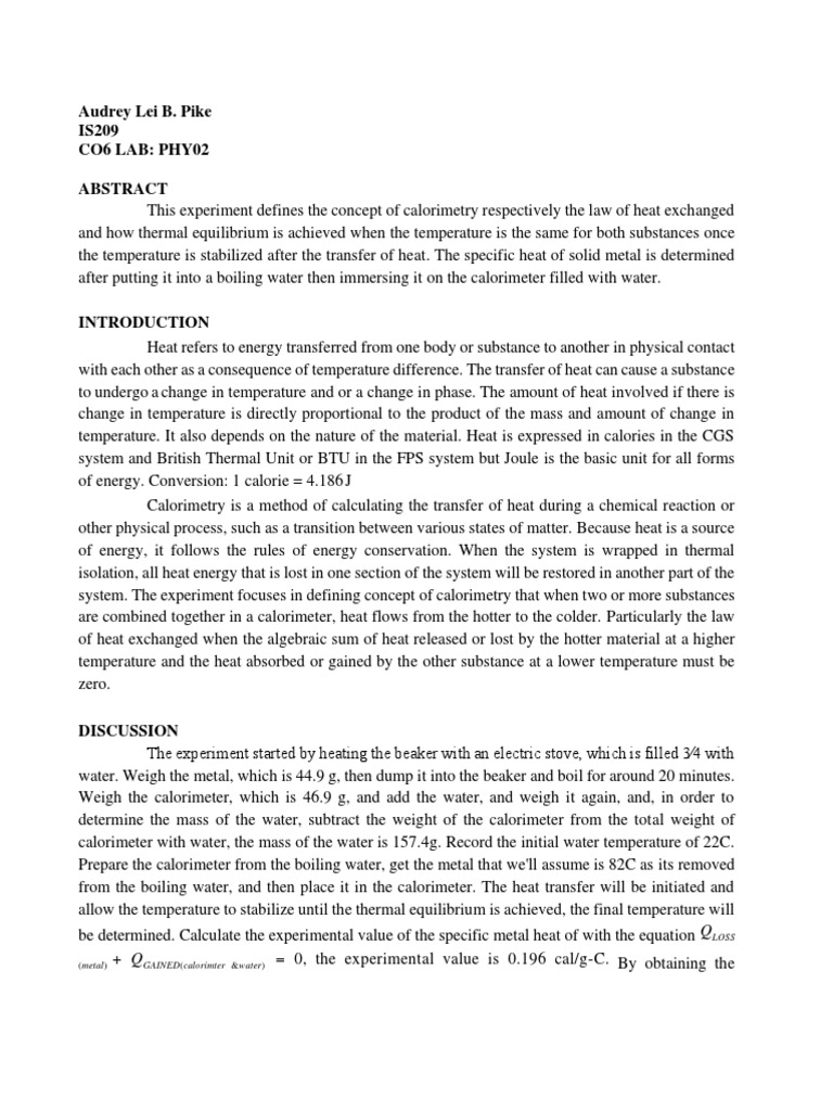 Audrey Lei B. Pike IS209 Co6 Lab: Phy02: (Metal) | PDF | Heat | Temperature