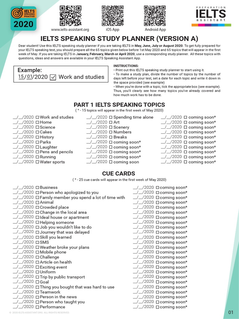 Ielts Speaking Study Planner (Version A) : Example: - / - /2020 Work ...
