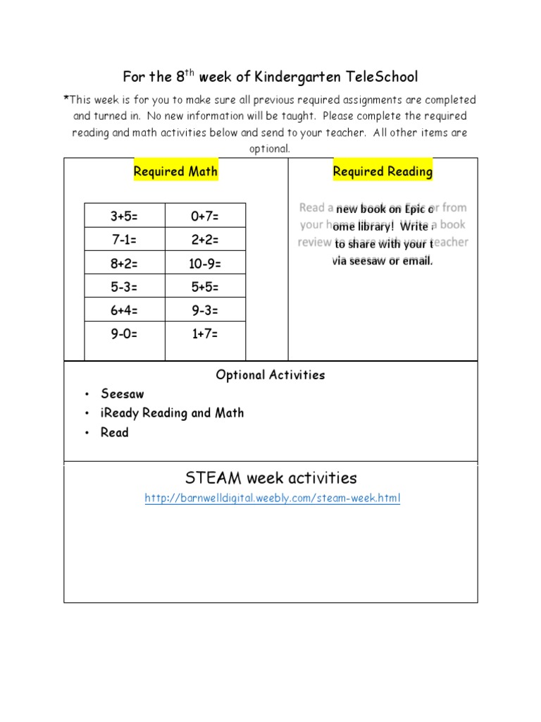 Kindergarten TeleSchool Week 8 Tasks | PDF