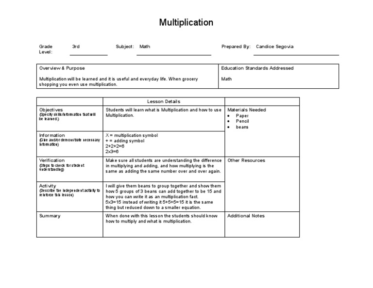 3rd Grade Multiplication Lesson Plan | PDF | Teaching Methods & Materials