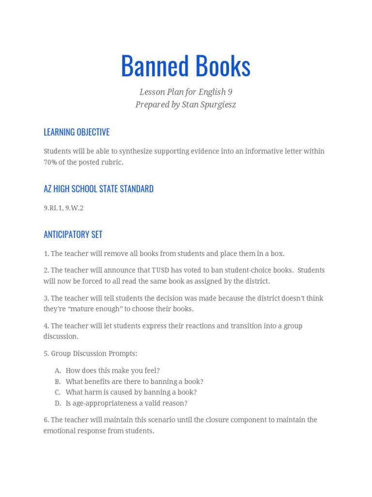 Banned Books Lesson Plan 1 | PDF | Lesson Plan | Teachers