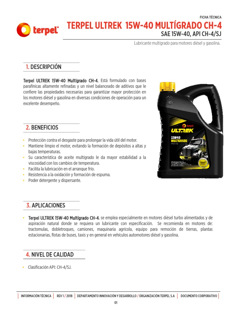 Terpel Ultrek 15W40 CH-4 2018 | PDF | Lubricante | Sustancias químicas