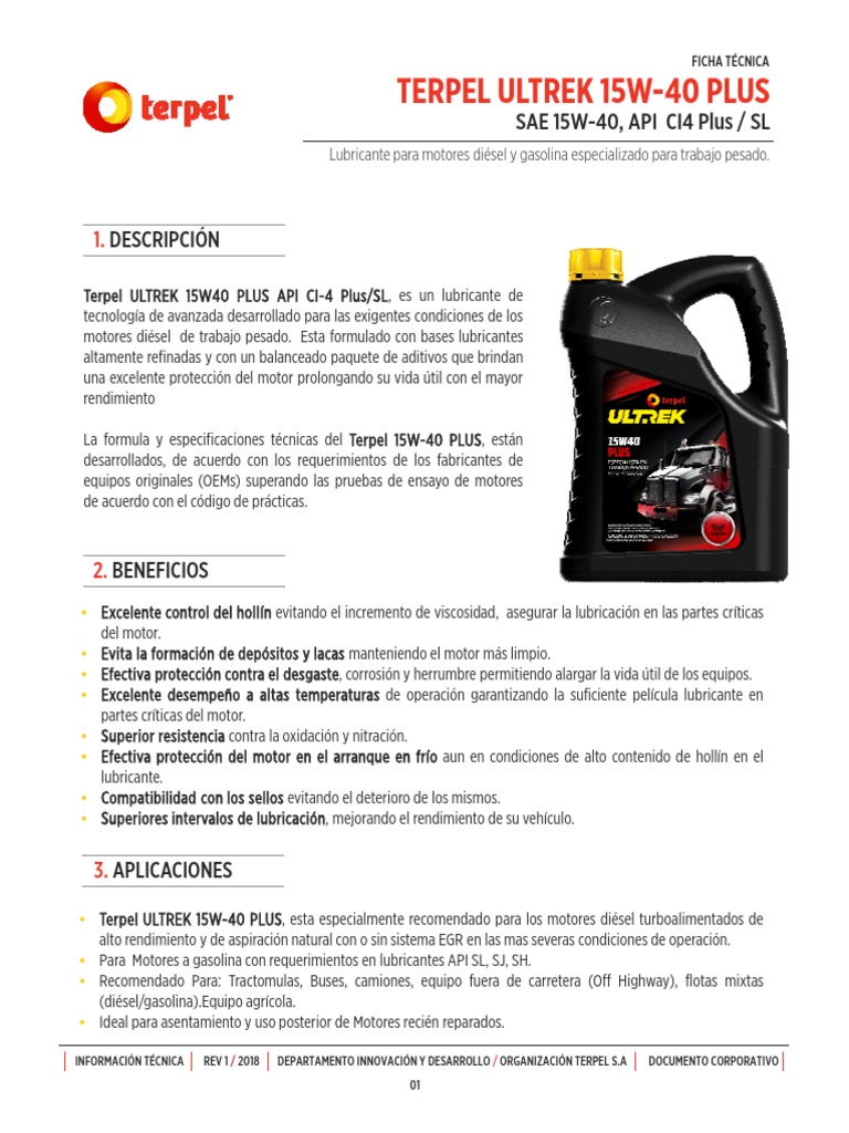Lubricante diésel gasolina trabajo pesado Terpel ULTREK 15W-40 PLUS ...