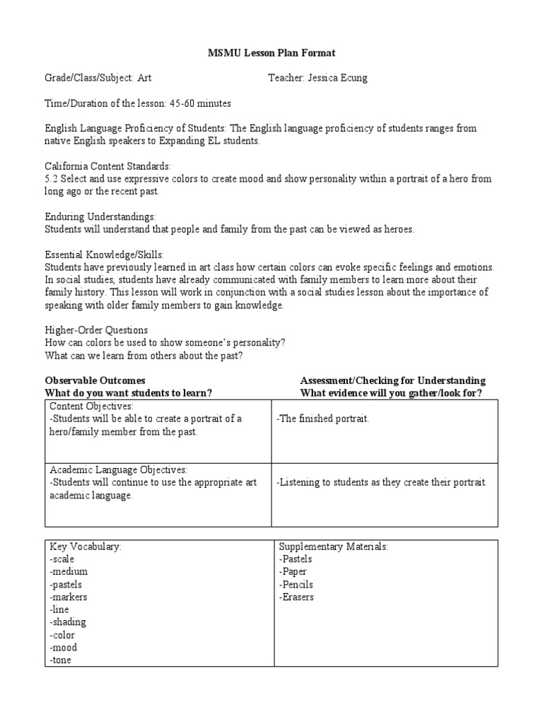 Art Lesson Plan | PDF | Pedagogy | Learning