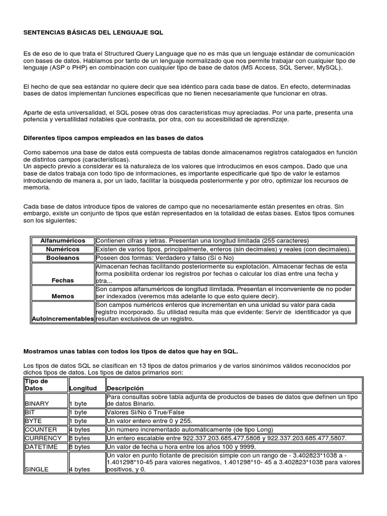 Sentencias Basicas Del Lenguaje SQL | PDF | SQL | Bases de datos