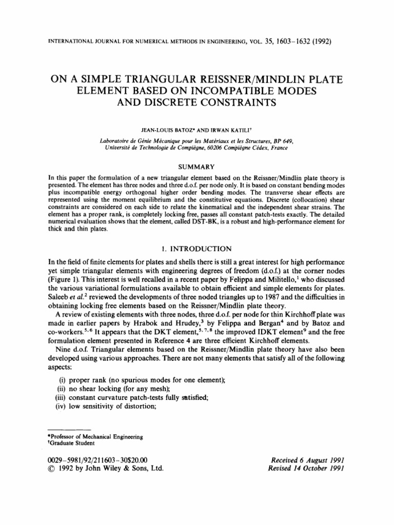 On A Simple Triangular Reissner/mindlin Plate Element Based On ...