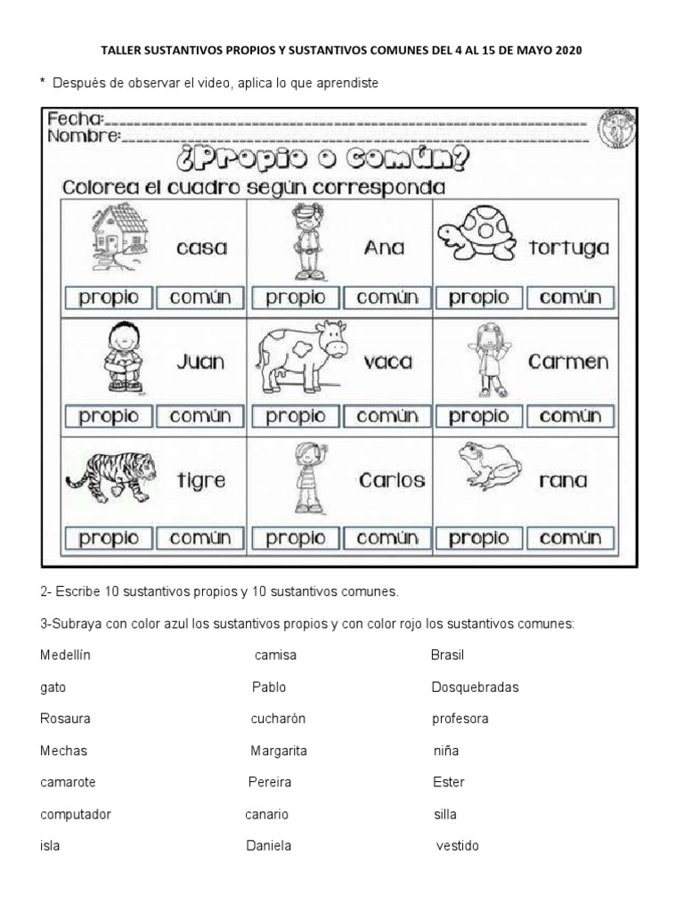 Hojas De Trabajo Sobre Sustantivos Comunes Y Sustantivos Propios
