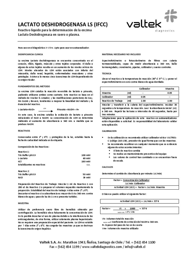 Determinación de la enzima Lactato Deshidrogenasa (LDH) en suero o ...