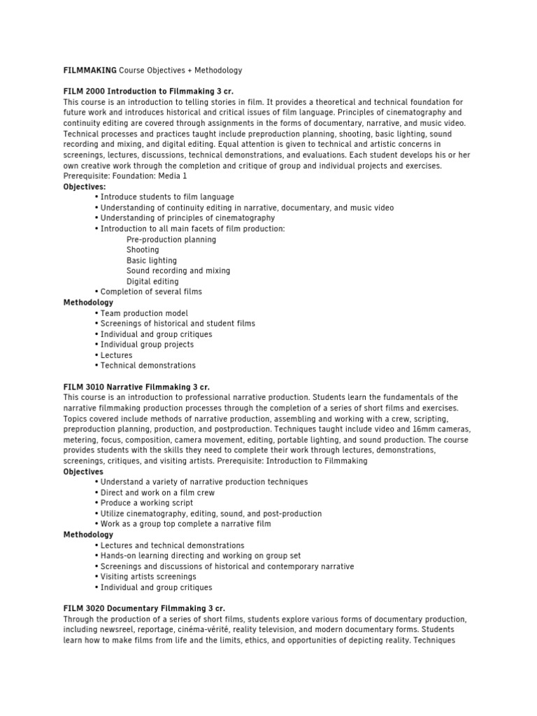 FILMMAKING Course Objectives + Methodology | PDF | Filmmaking ...