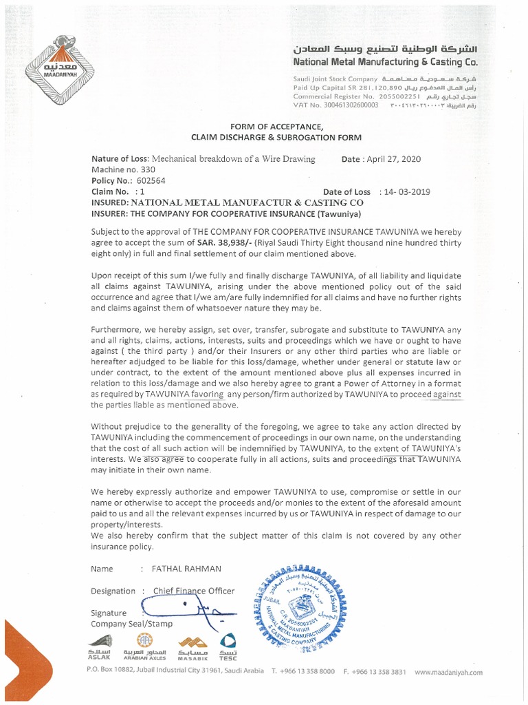 Form of Acceptance (WD 330 Claim 1) PDF | PDF