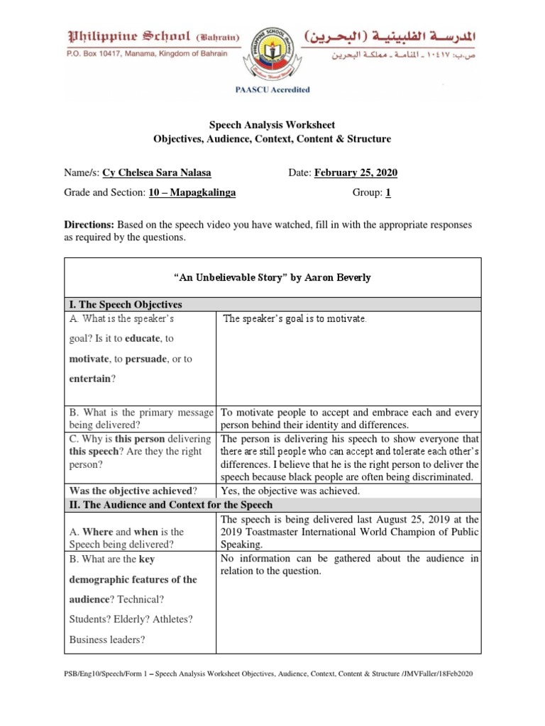 Speech Analysis Worksheet 1 - Objectives Audience Context Content and ...