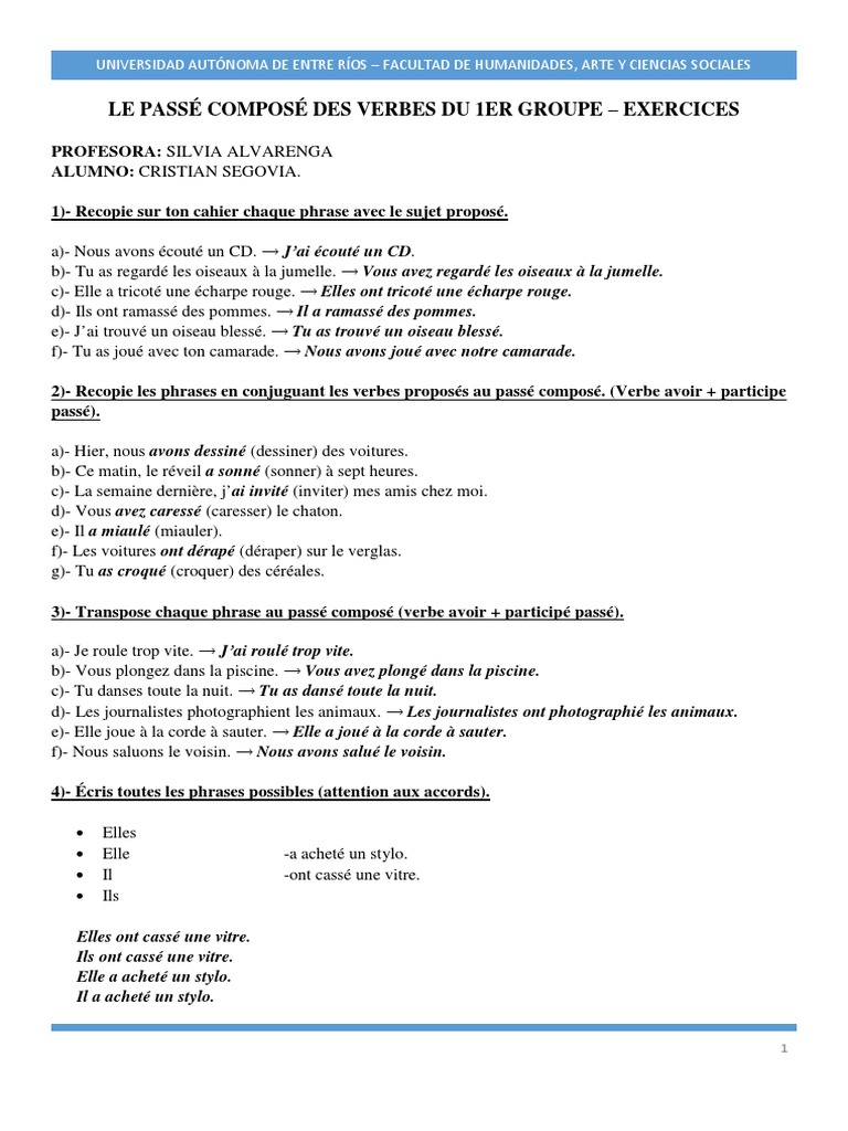 Le Passé Composé Des Verbes Du 1er Groupe | PDF | Syntaxe