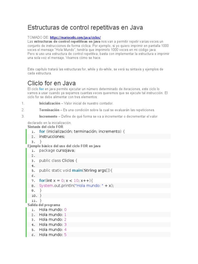 Ciclos en Java | PDF | Java (lenguaje de programación) | Flujo de control