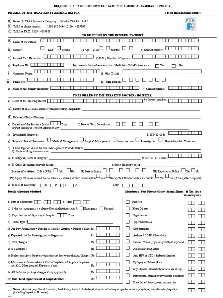 Raksha TPA Cashless Hospitalization Form | PDF | Hospital | Surgery