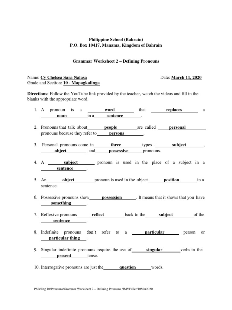Pronouns Grammar Worksheet | PDF