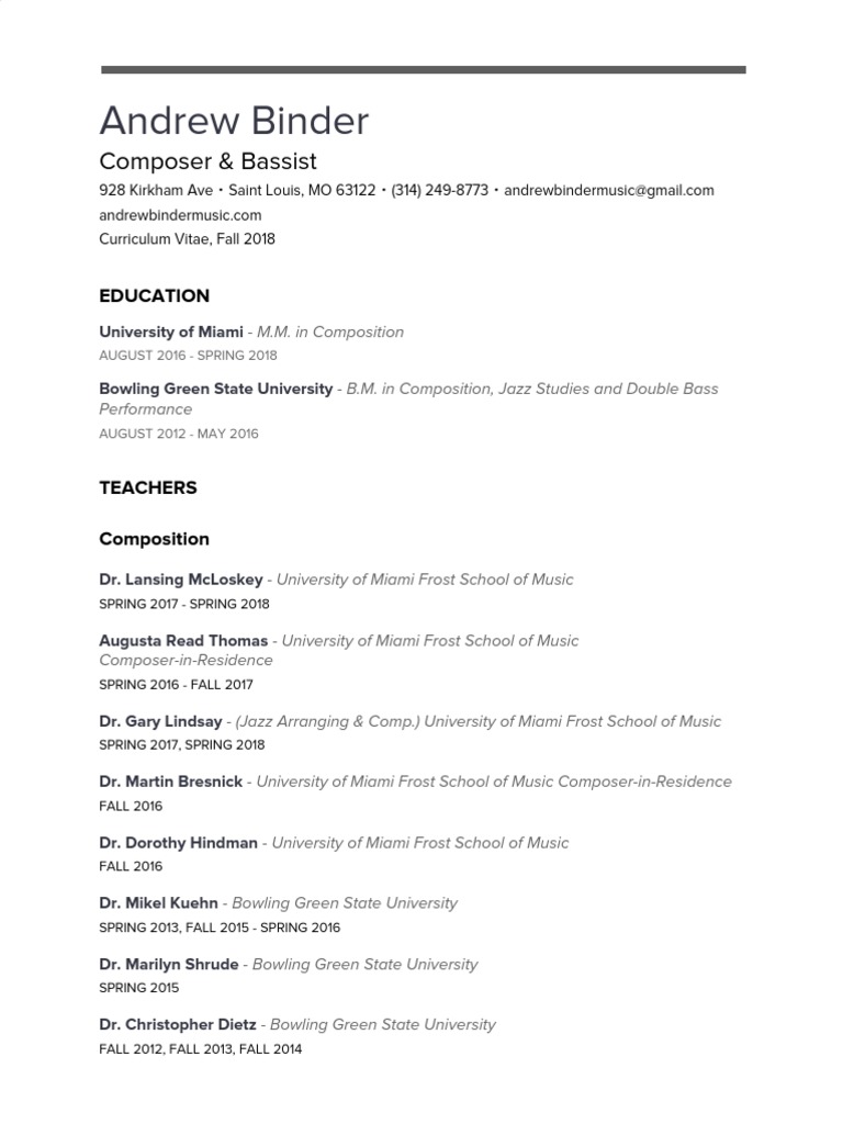 Andrew Binder - Artistic Resume | PDF | Quartet | Performing Arts