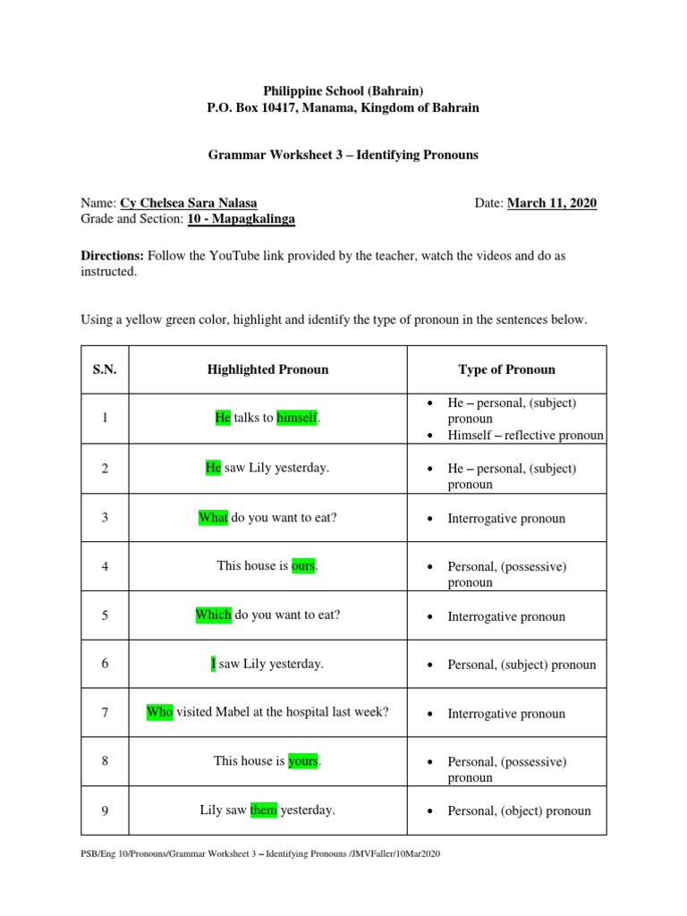 Grammar Worksheet 3 - Identifying Pronouns | PDF | Pronoun | Linguistic ...