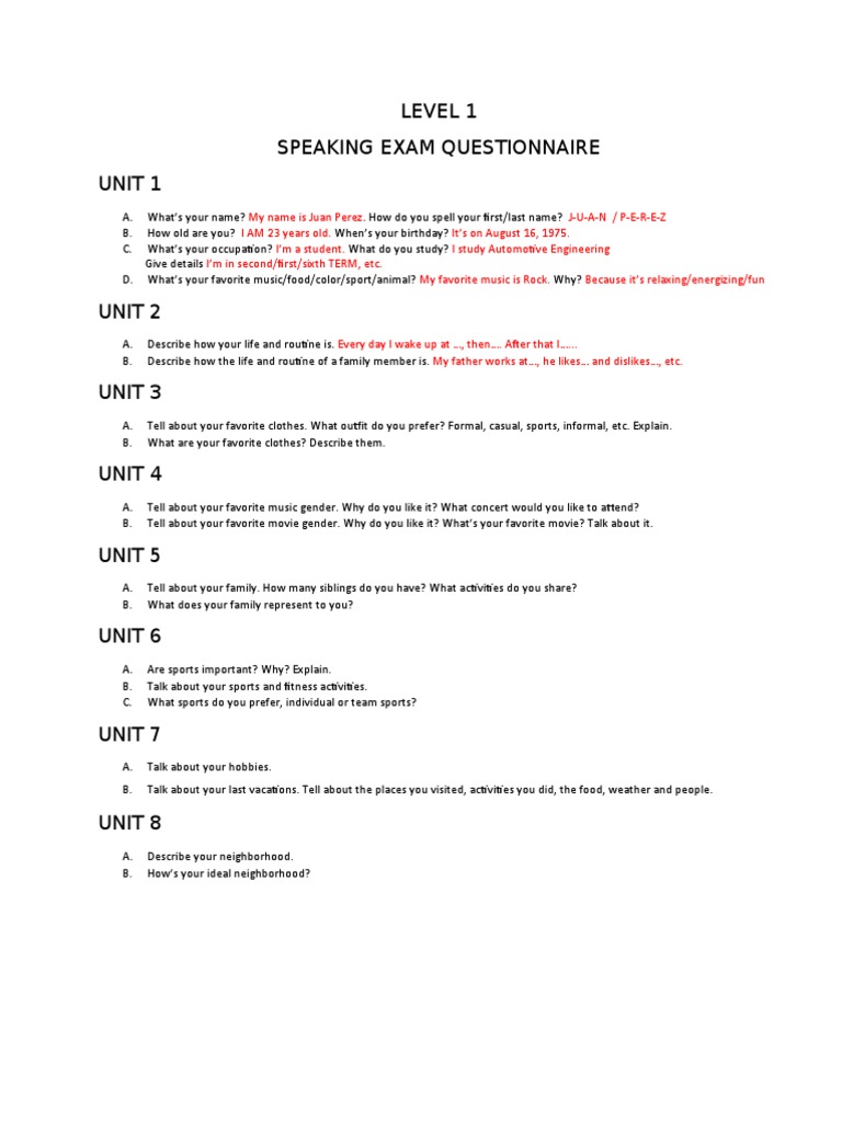 Level 1 Speaking Exam Questions Guide | PDF