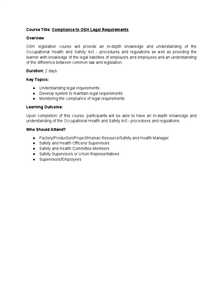 Compliance To OSH Legal Requirements | PDF | Occupational Safety And ...