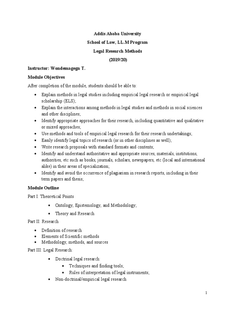 Outline Legal Research Methods Course Outline - 2019 - 20 | PDF ...