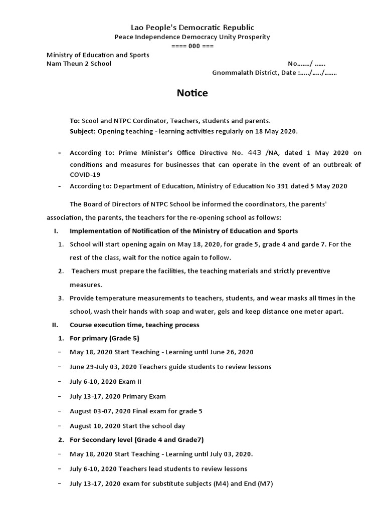 Notice Opening School On 18.5 | PDF | Teachers | Cognition