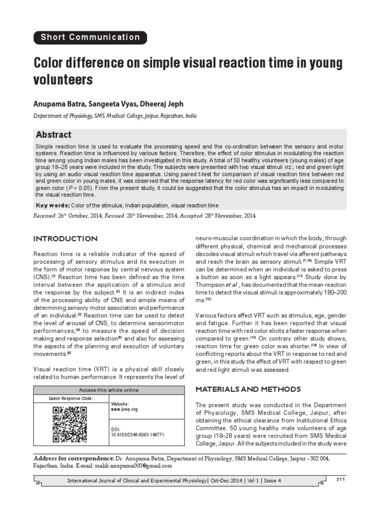 Color Difference On Simple Visual Reaction Time in Young Volunteers ...