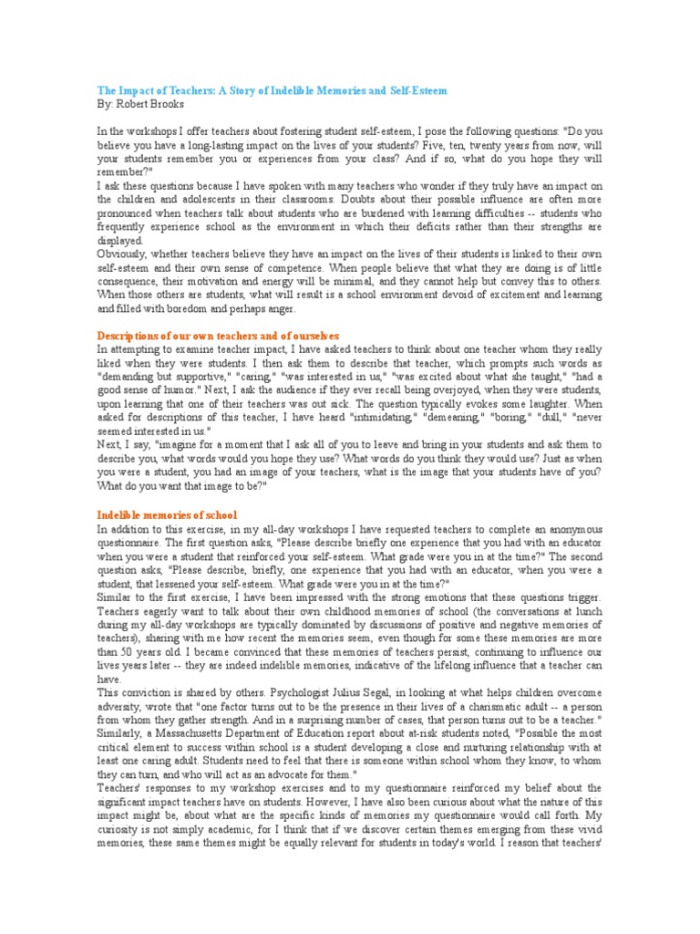 Teacher Impact on Student Self-Esteem | PDF | Self Esteem | Teachers