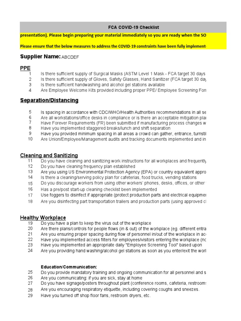 FCA COVID-19 Checklist - SEM | PDF | Personal Protective Equipment ...