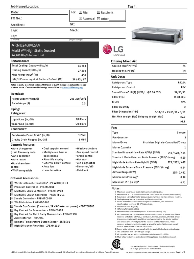 ARNU243M2A4: Multi V™ High Static Ducted | PDF | Electrical Wiring ...