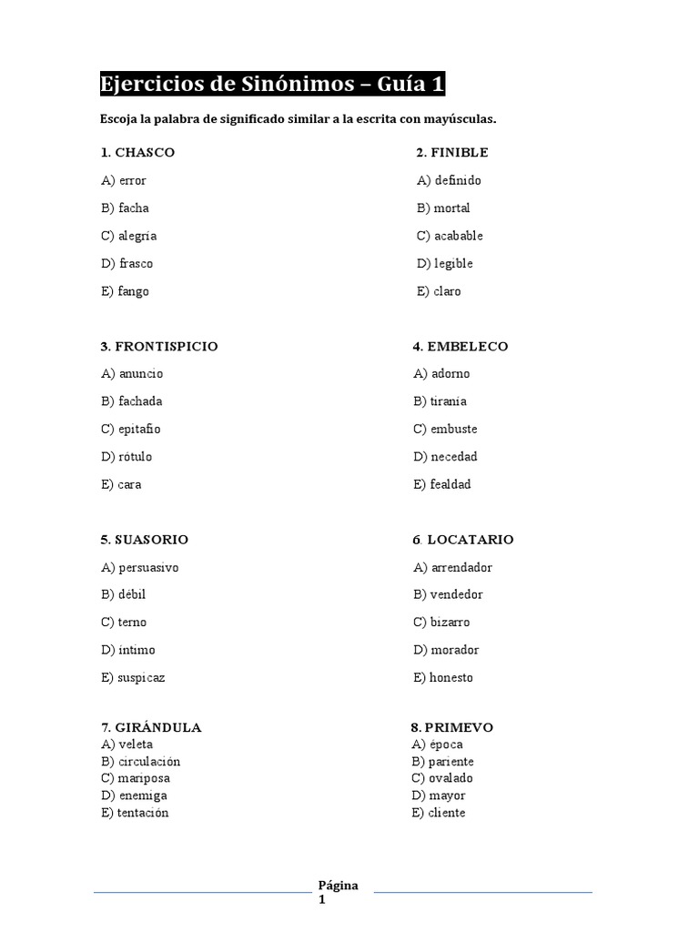 Ejercicios de Sinónimos | PDF | Naturaleza