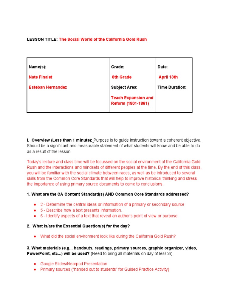 Gold Rush Lesson Plan | PDF | Lecture | Educational Assessment