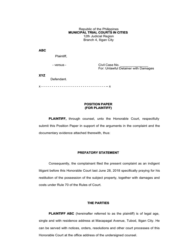 Position Paper For Plaintiff (Ejectment Case) | PDF | Lawsuit | Lease