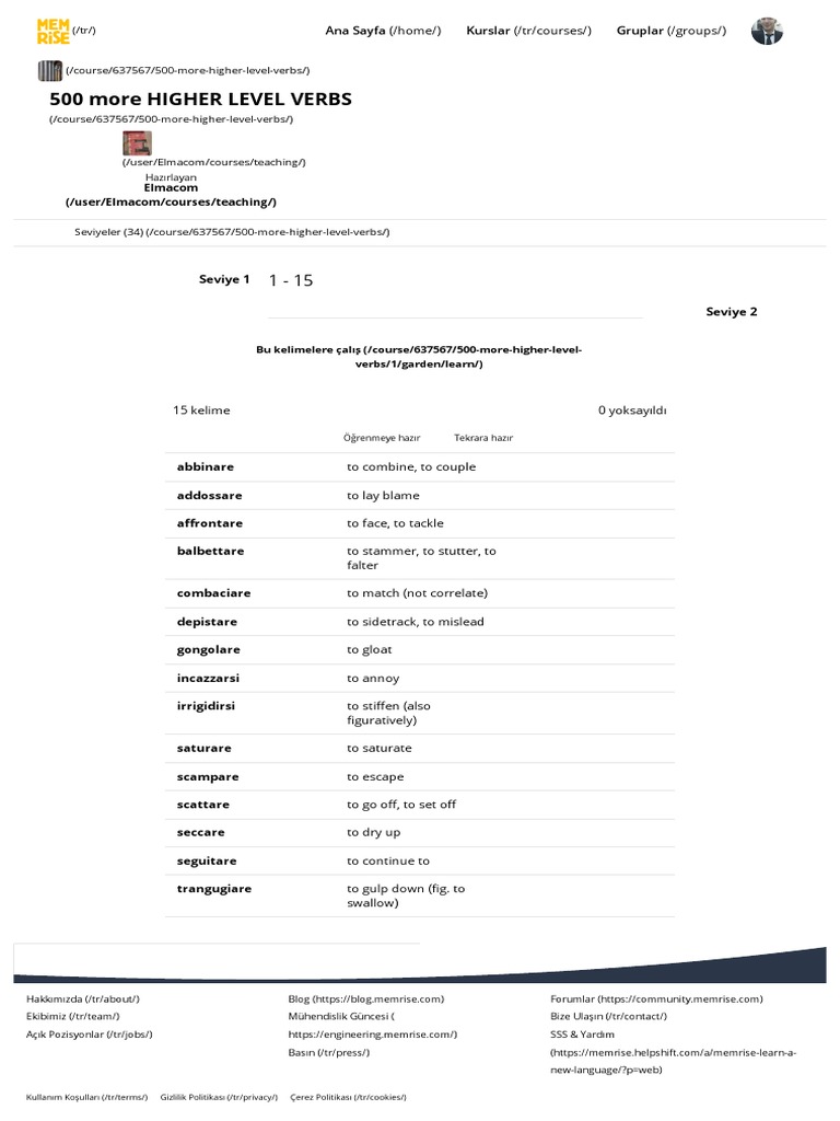Seviye 1 - 1 - 15 - 500 More HIGHER LEVEL VERBS - Memrise PDF | PDF ...