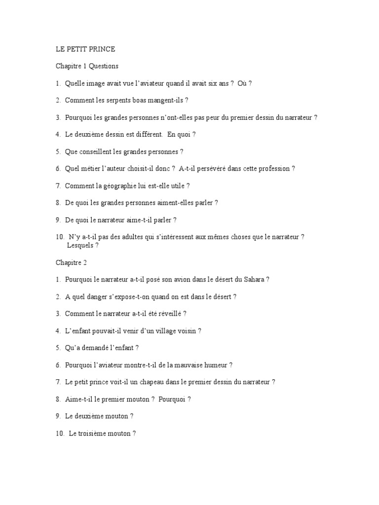 Le Petit Prince Questions Chapitres 1,2,3,4,5 | PDF | Le Petit Prince