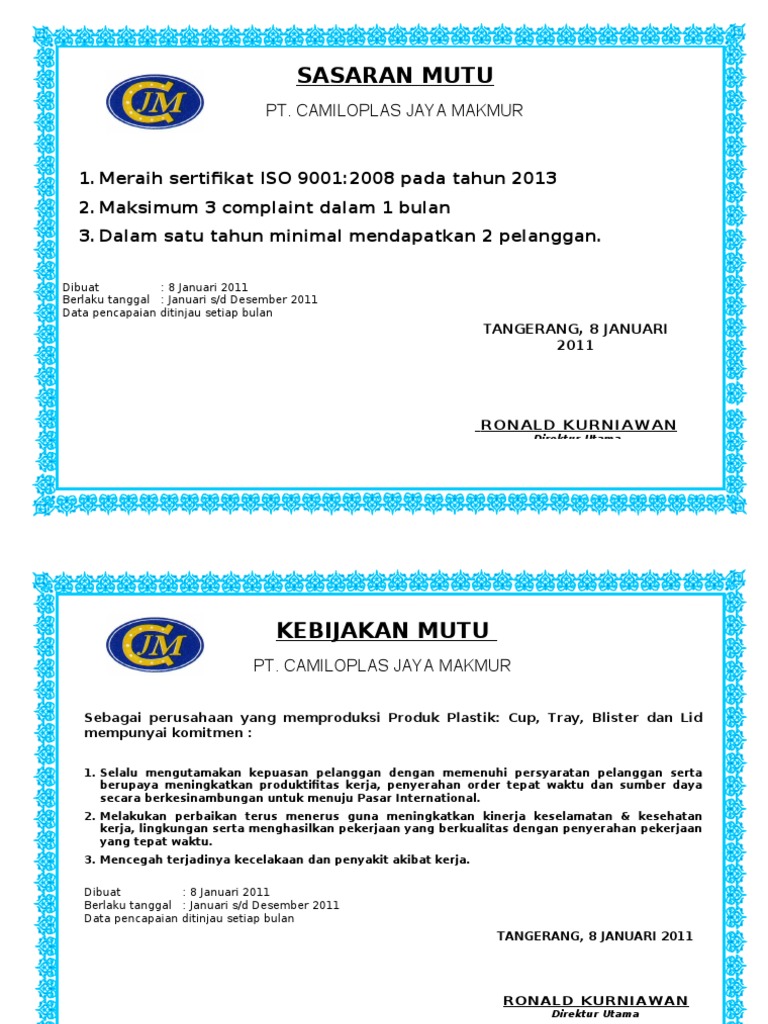 Kebijakan & Sasaran Mutu | PDF