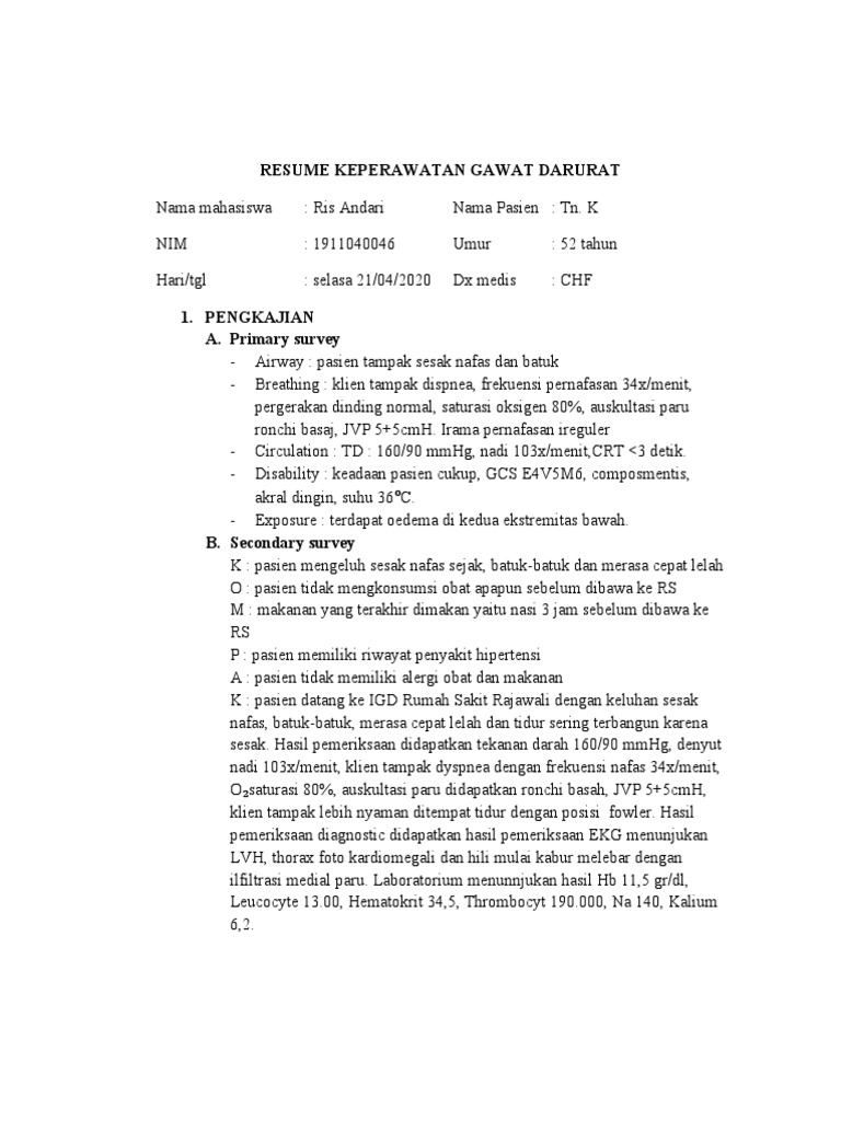RESUME KEPERAWATAN GAWAT DARURAT CHF | PDF