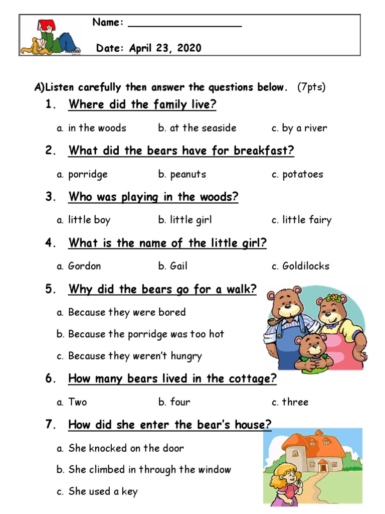 Goldilocks and the Three Bears Quiz | PDF | Goldilocks And The Three Bears