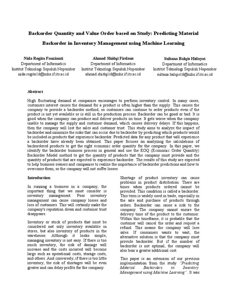 Backorder Quantity and Value Order Based On Study: Predicting Material Backorder in Inventory ...