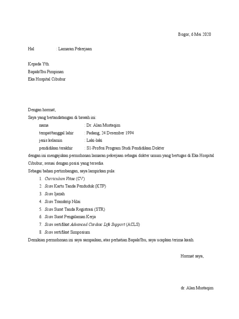 Surat Lamaran Eka Hospital | PDF