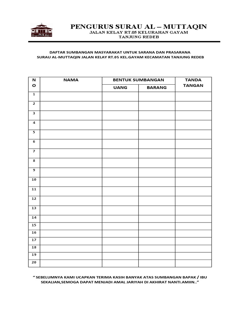 Daftar Sumbangan Masyarakat Untuk Sarana Dan Prasarana Surau | PDF