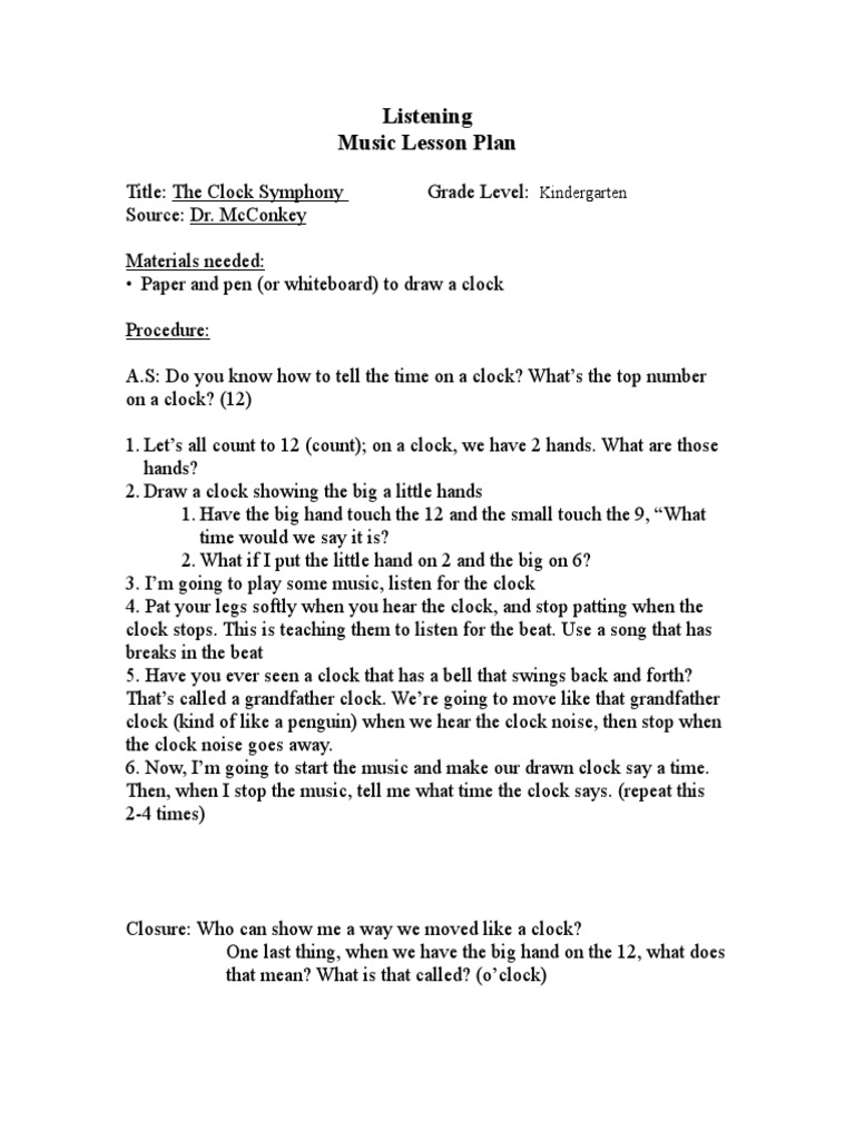 Listening Music Lesson Plan: Kindergarten | PDF | Cognitive Science ...