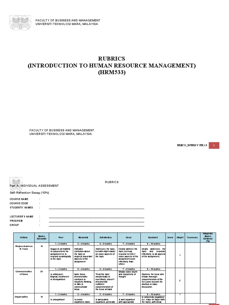 Rubrics (Introduction To Human Resource Management) (HRM533) | PDF ...