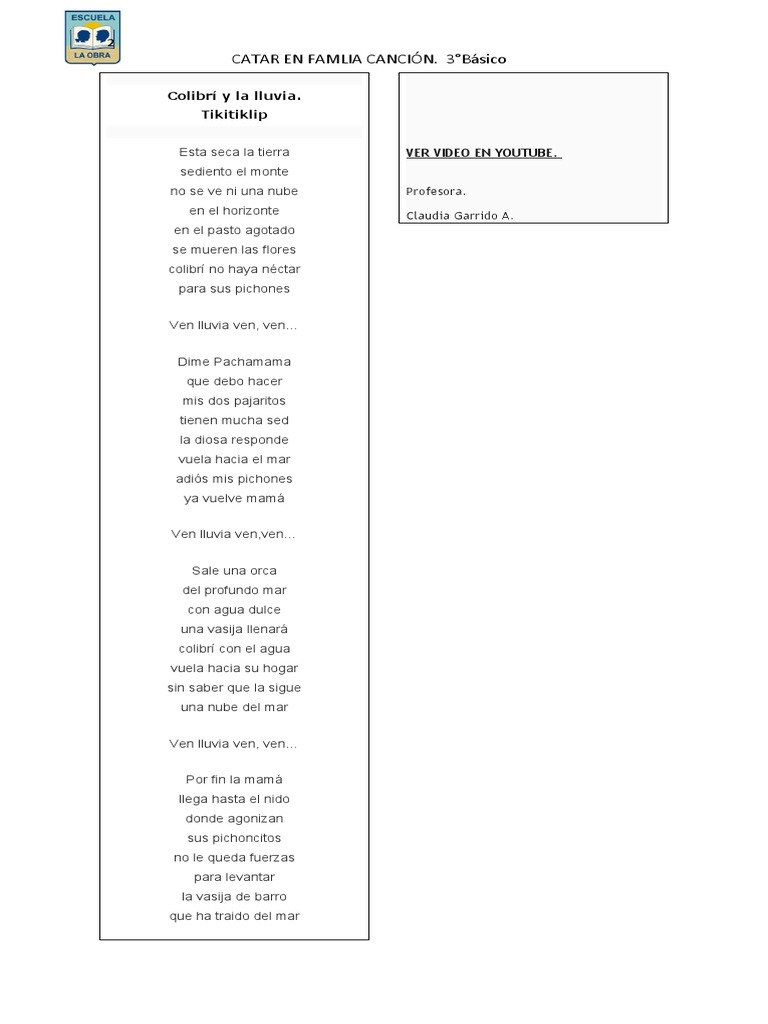 3° Básico Cncion Colibrí y La Lluvia | PDF