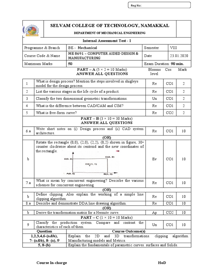 Cadcam Iat - 1 Question Paper | PDF | Computer Aided Design | Geometry