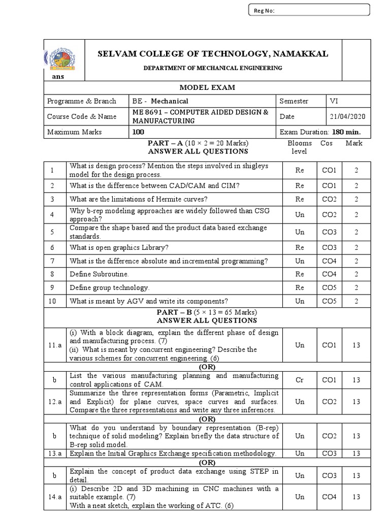 Cadcam Model Question Paper | PDF | Computer Aided Design | Design