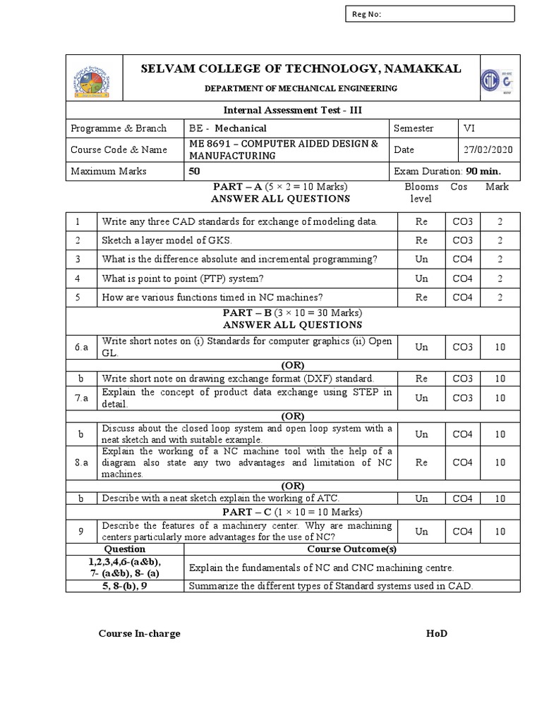 Cadcam Iat - 3 Question Paper | PDF | Computer Aided Design | Computing