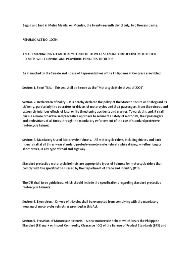 Ra 10054 | PDF | Motorcycle | Social Institutions