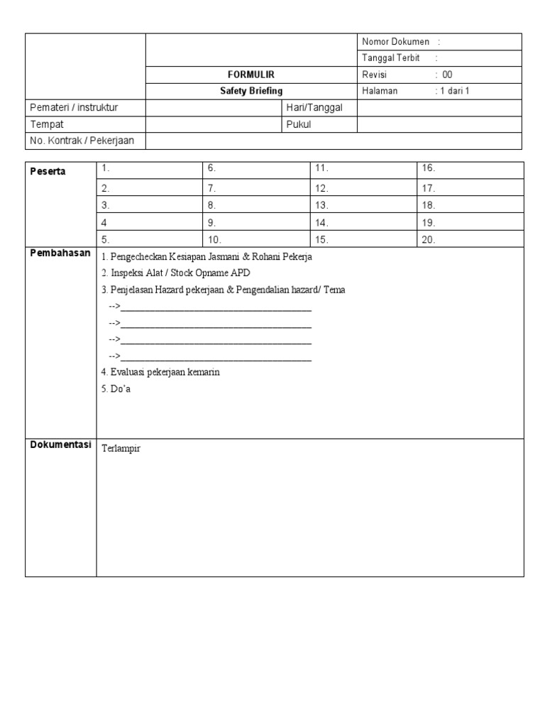 Formulir Safety Briefing K3 | PDF
